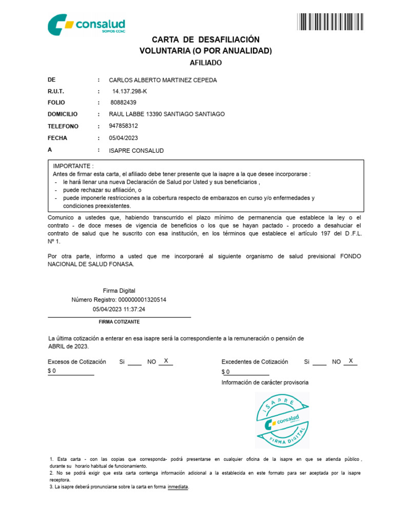 Carta Desafiliacion | PDF