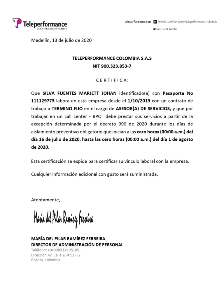 Teleperformance Colombia S.A.S NIT 900.323.853-7: María Del Pilar Ramírez Ferreira Director de ...