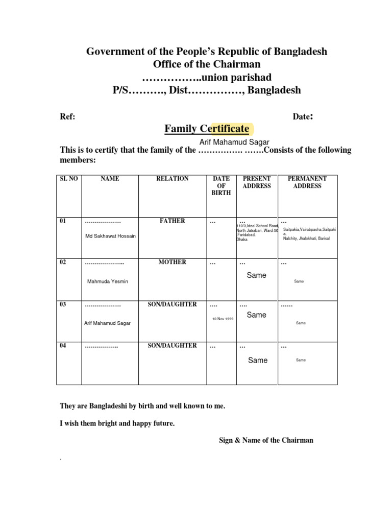 Family Certificate Child 290616 | PDF