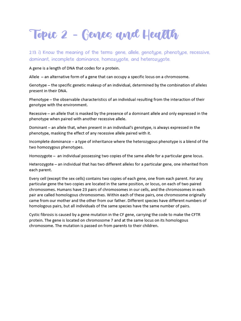 Topic 2 - Genes and Health | PDF | Dominance (Genetics) | Allele