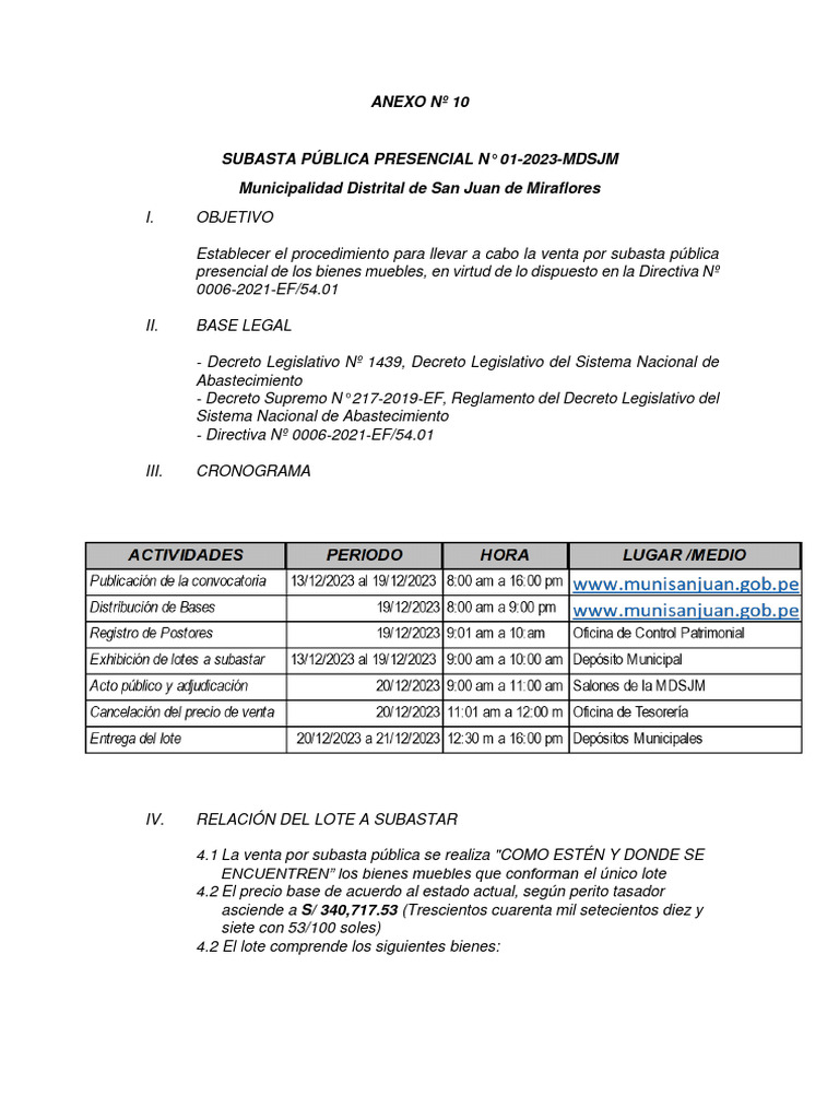 Bases para Subasta Publica de Chatarra - Proyecto Con Cronograma-Mdsjm-Web | PDF | Subasta ...