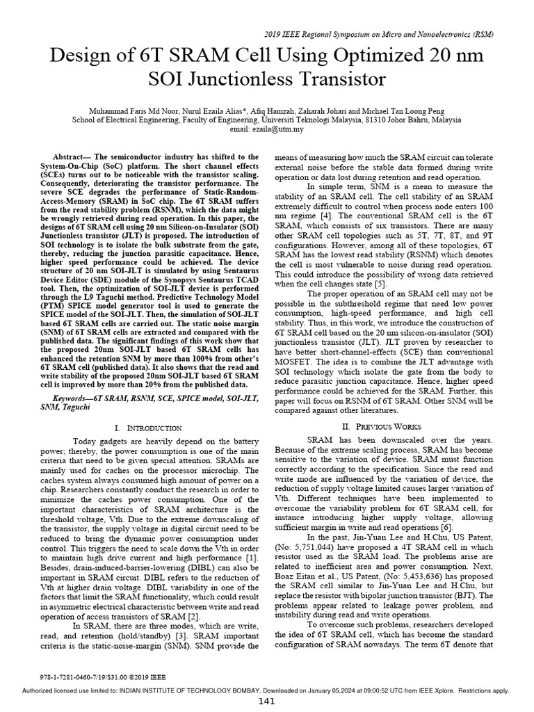 Design of 6T SRAM Cell Using Optimized 20 NM SOI Junctionless Transistor | PDF | Field Effect ...