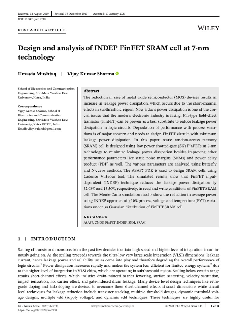 Design and analysis of INDEP FinFET SRAM cell at 7-nm | PDF