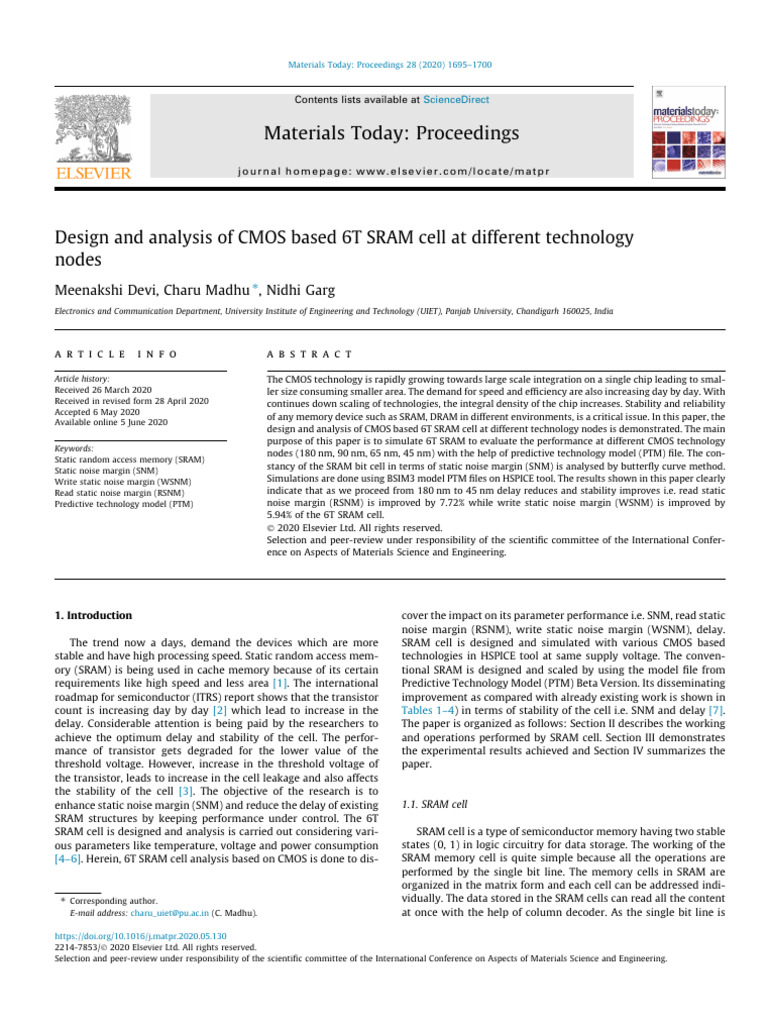 Design and Analysis of CMOS Based 6T SRAM Cell at Different Technology ...