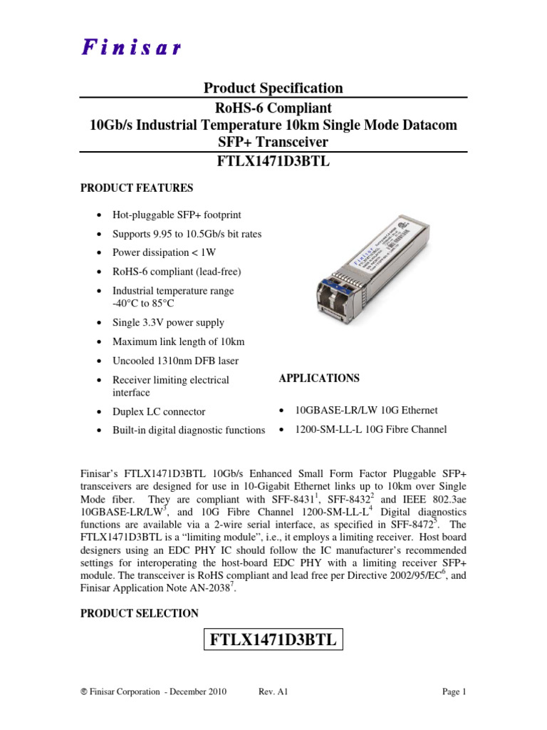Finisar FTLX1471D3BTL | PDF | Telecommunications Infrastructure | Telecommunications Engineering