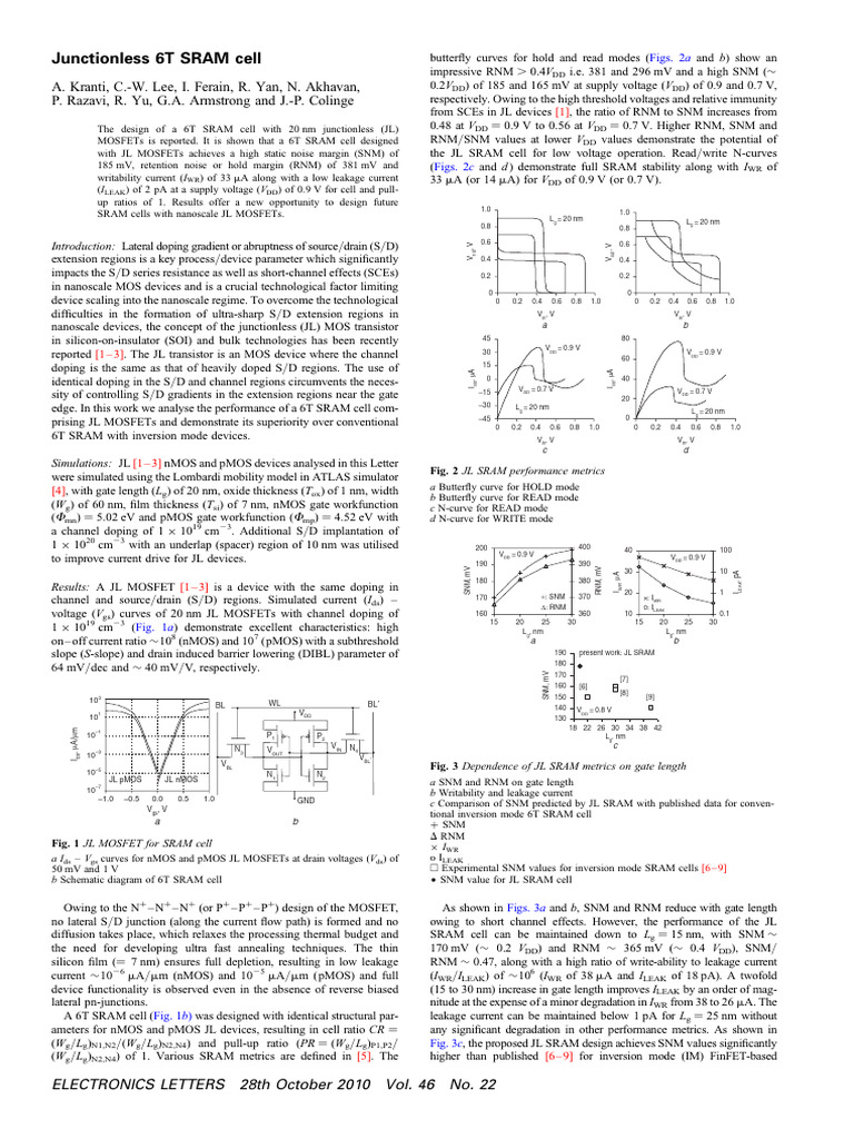 Junctionless 6T SRAM Cell | PDF