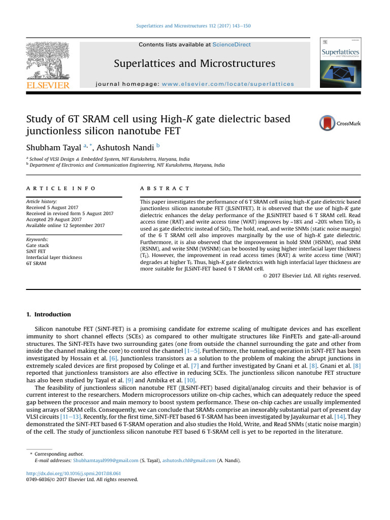 Study of 6T SRAM Cell Using High-K Gate Dielectric Based Junctionless ...