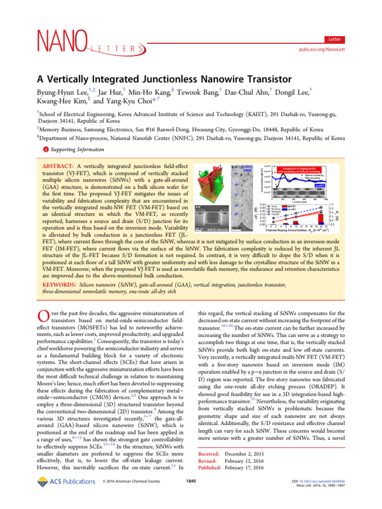 A Vertically Integrated Junctionless Nanowire Transistor Pdf Field Effect Transistor Mosfet