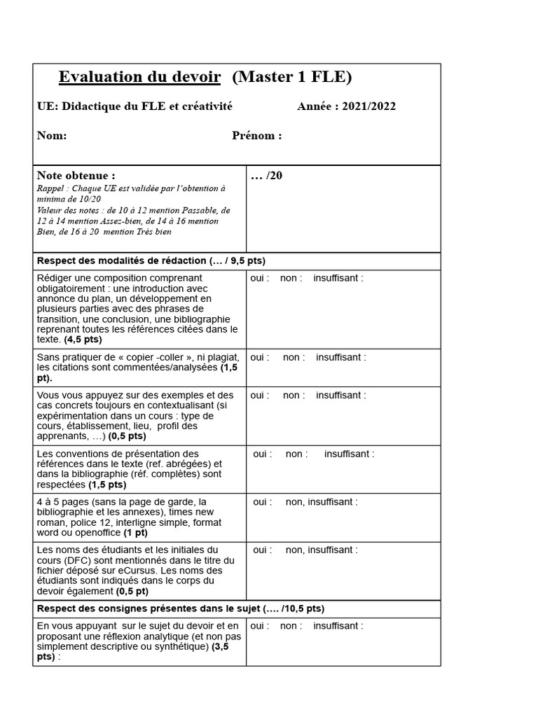 Évaluation du Devoir Master 1 FLE | PDF