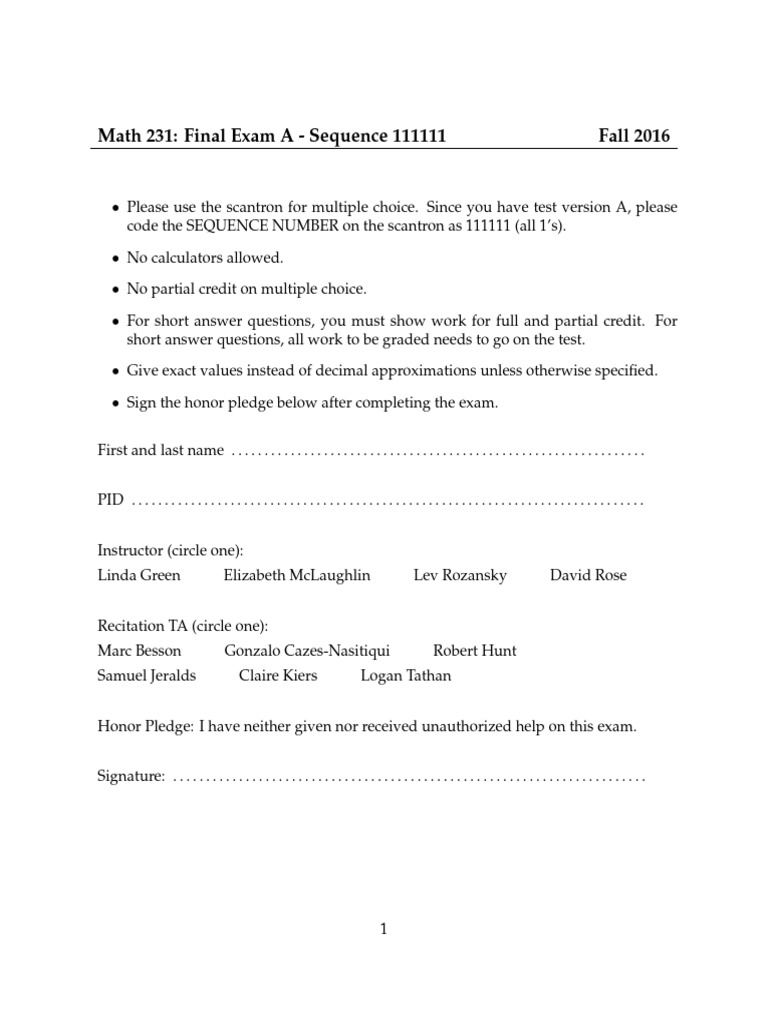 University of Northern Carolina Math 231 Final Exam With Solution Fall ...