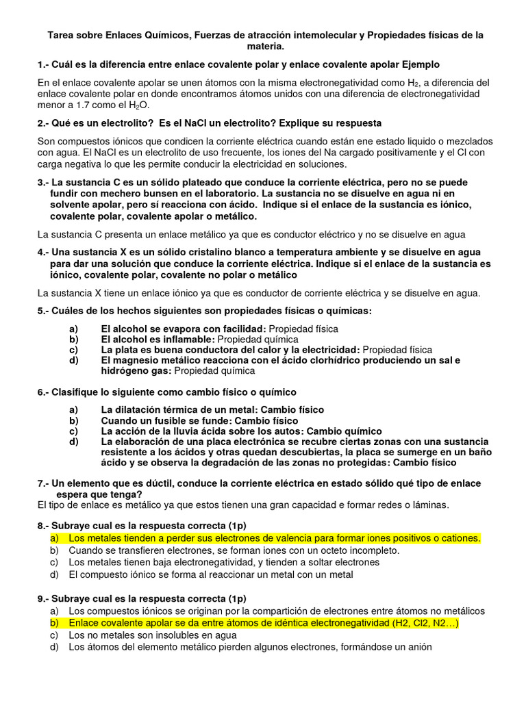 Tarea Sobre Enlaces Químicos FdeA Prop Fìsicas | PDF | Polaridad ...