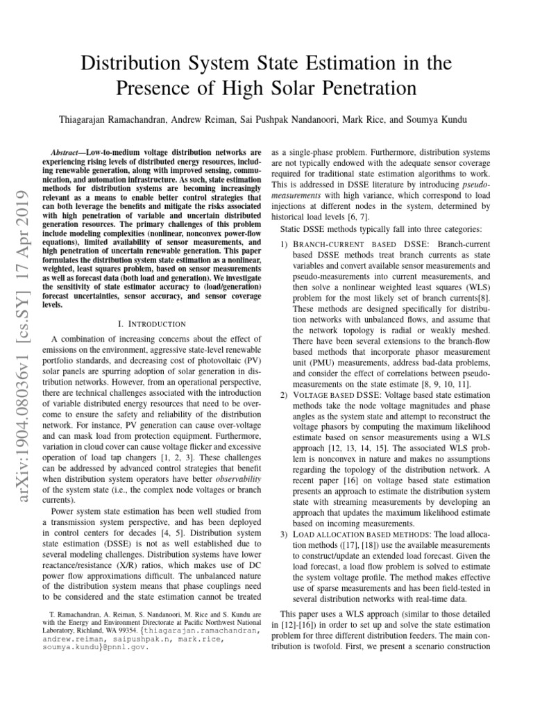 Distribution System State Estimation In Pdf Variance Covariance