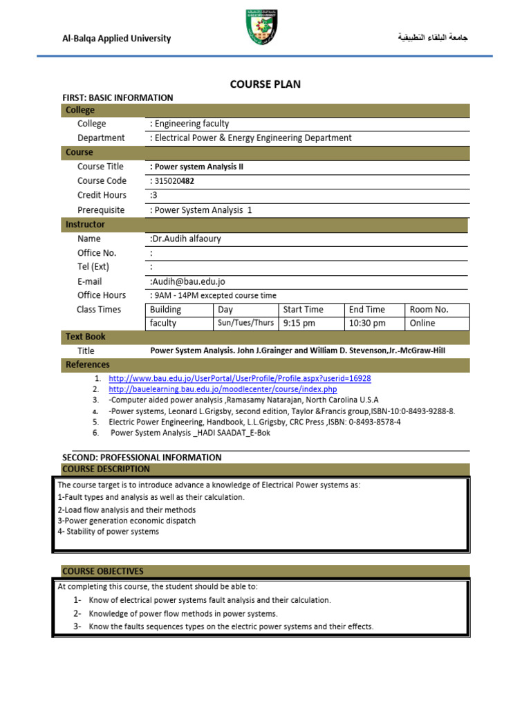 Course Syllabus of Power Systems 2 | PDF | Science & Mathematics