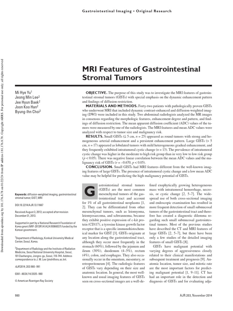 Yu Et Al 2014 Mri Features of Gastrointestinal Stromal Tumors | PDF ...