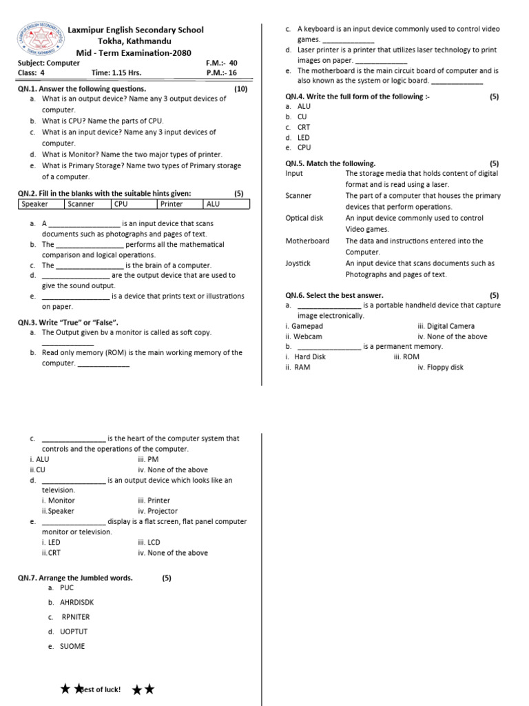Computer Class 4 Mid Term | PDF | Input/Output | Computer Data Storage
