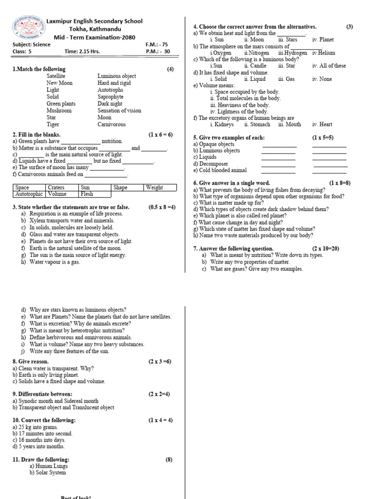 Science Class 5 Mid Term | PDF