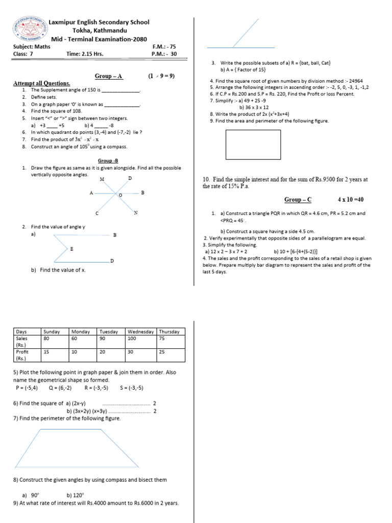 Maths Class 7 Mid Term | PDF | Elementary Geometry | Elementary Mathematics
