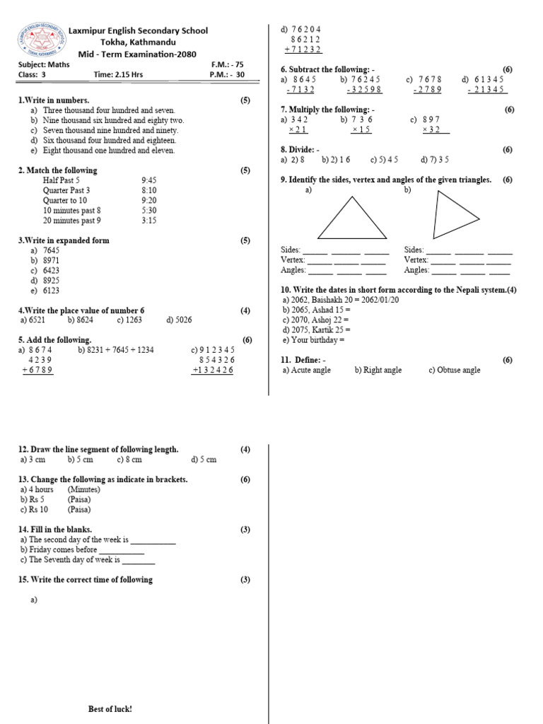 Maths Class 3 Mid Term | PDF | Classical Geometry | Euclidean Geometry