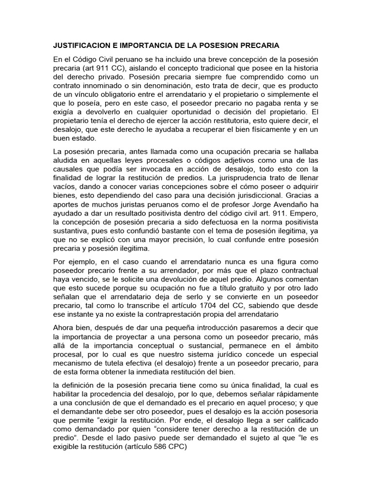 Posesión precaria en el Código Civil peruano | PDF | Derecho