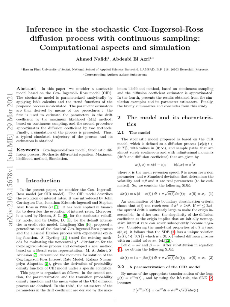 Inference in The Stochastic Cox-Ingersol-Ross Diff | PDF | Stochastic Differential Equation ...