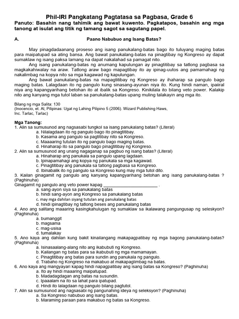 Phil-IRI - GRADE 6 | PDF