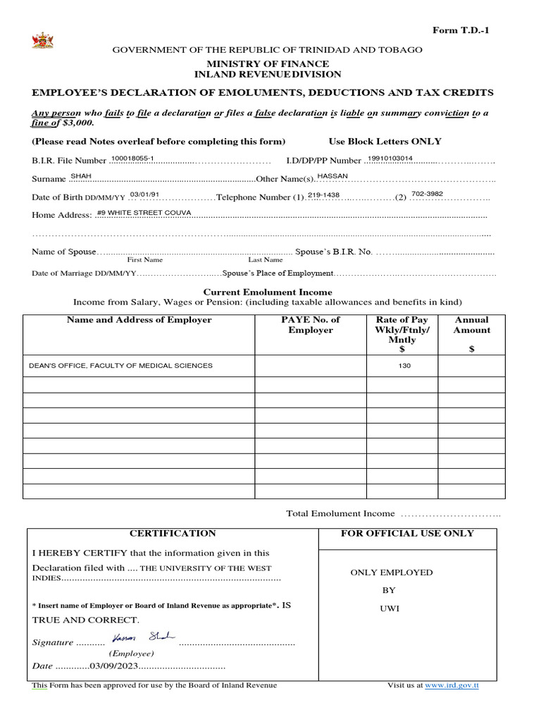 Employee'S Declaration of Emoluments, Deductions and Tax Credits | PDF ...
