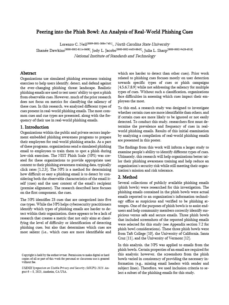 Peering Into The Phish Bowl-An Analysis of Real-World Phishing Cues | PDF