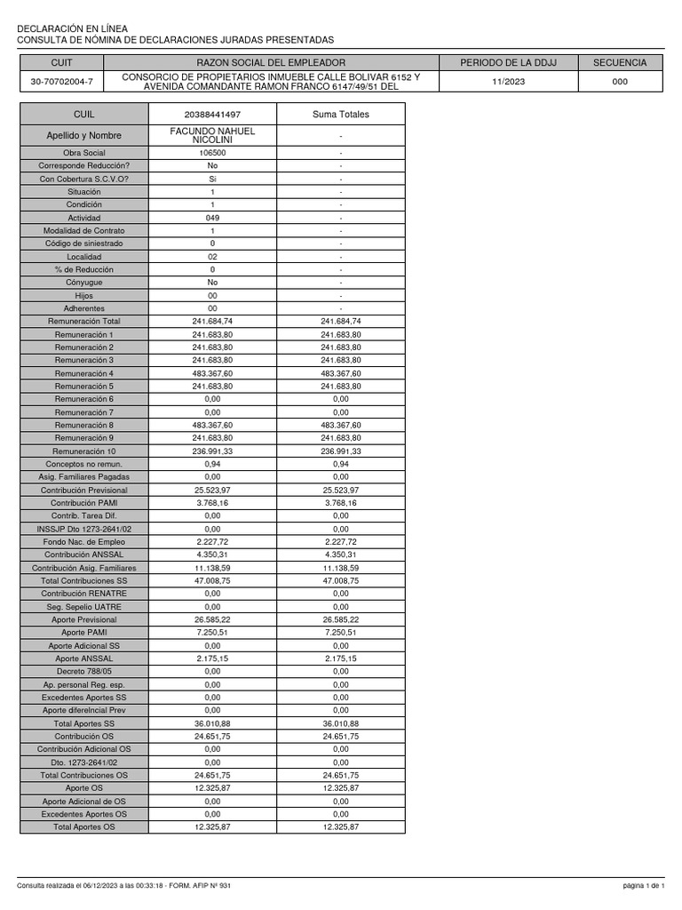 931 Nomina 11-2023 | PDF | Gestión de recursos humanos | Compensación ...