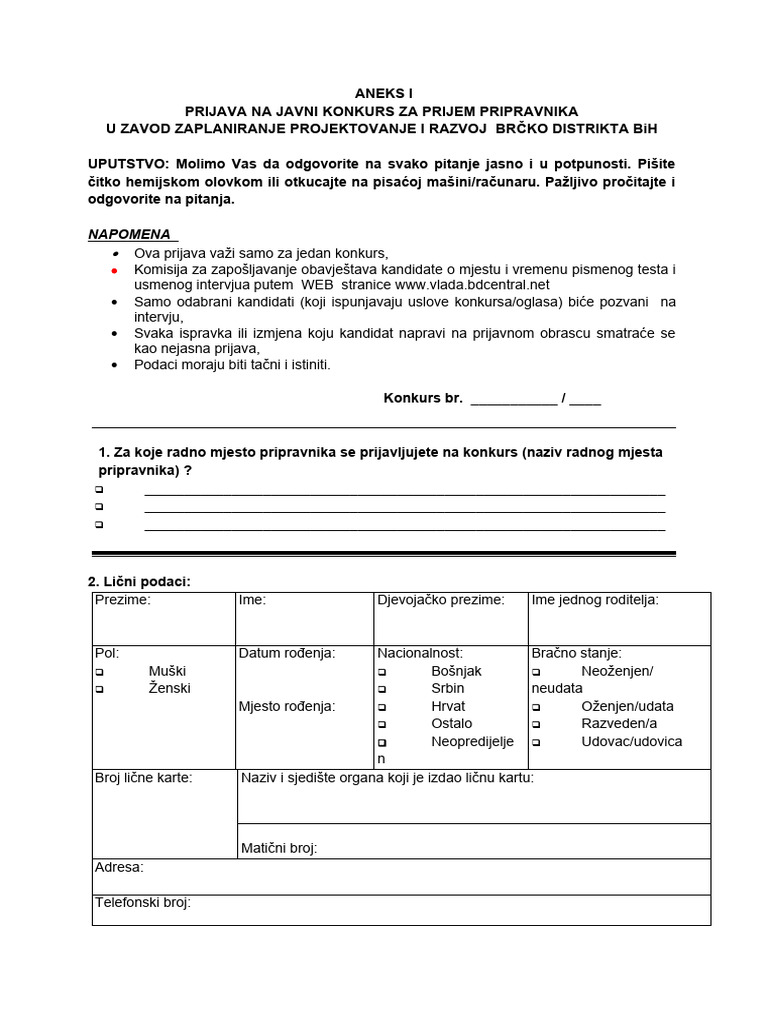 Obrazac-Prijava Na JK Za Prijem Pripravnika U ZzPPiR BD BiH-Lat | PDF