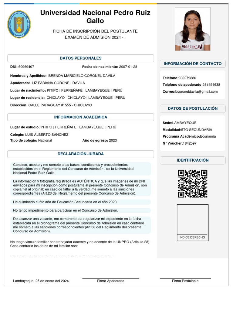 Universidad Nacional Pedro Ruiz Gallo: Datos Personales Información de Contacto | PDF