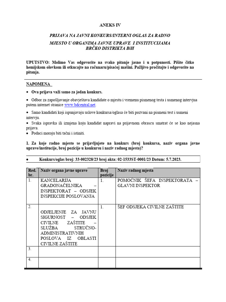 Obrazac-Prijava - Na - Javni - Konkurs-Interni - Oglas - Za - Radno - Mjesto - U - Organu ...