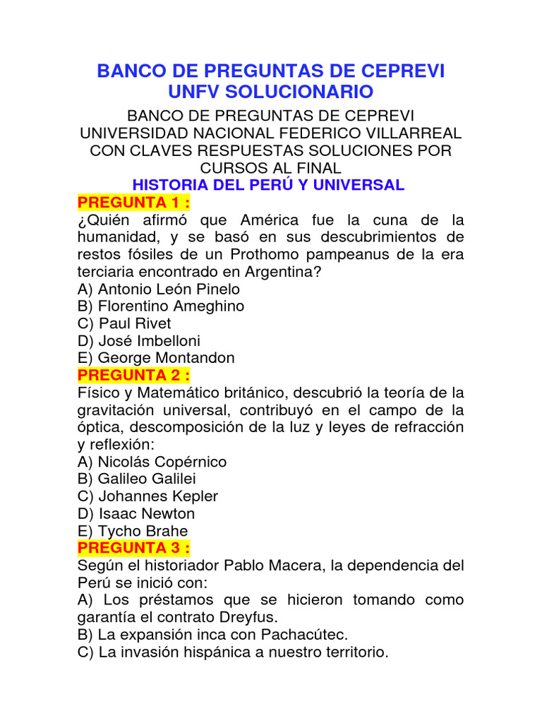 Banco de Preguntas de Ceprevi Unfv Solucionario | PDF | Núcleo atómico | Átomos
