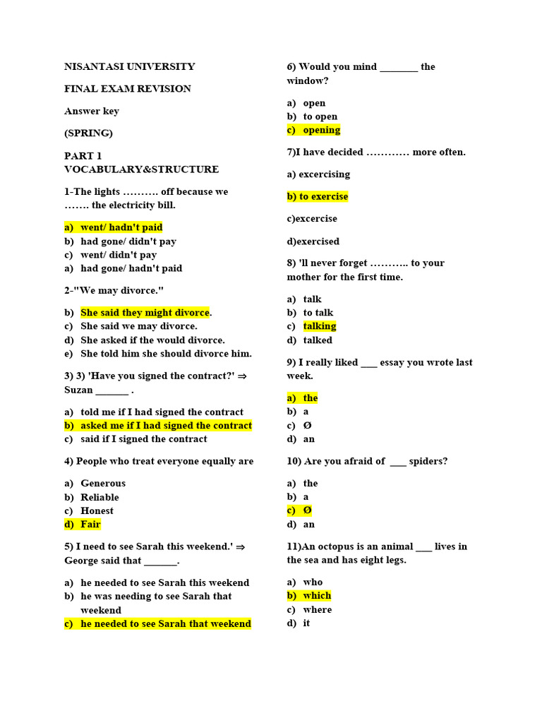 B1 FINAL EXAM REVISION-ALL UNITS-answer Key. | PDF