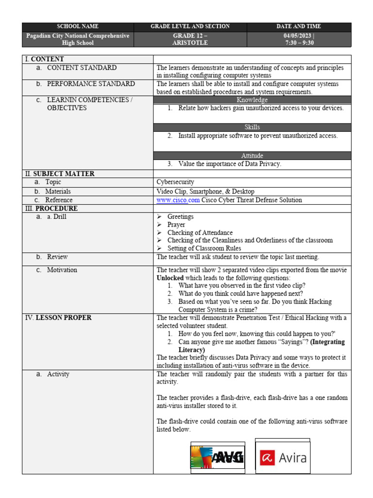 Cybersecurity Lesson Plan for Grade 12 | PDF | Antivirus Software ...