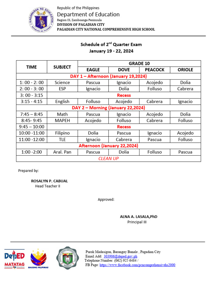 Schedule For Q2 Exam | PDF | Philippines | Government