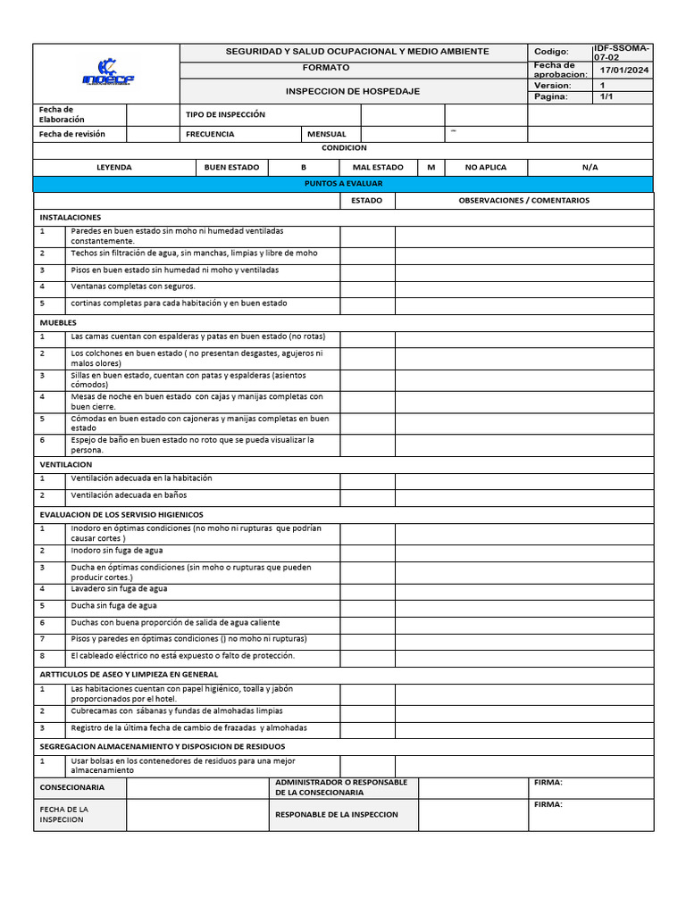 Formato de inspeccion de comedor y hospedaje setiembre | PDF | Alimentos | Ventilación ...