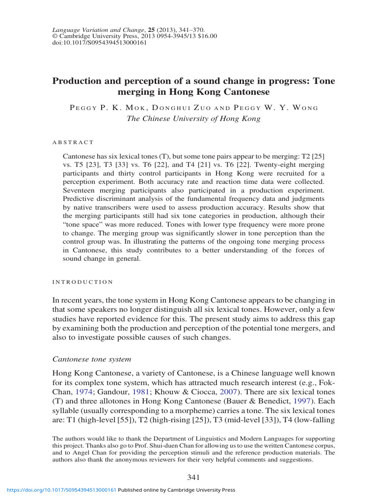 Production and Perception of A Sound Change in Progress Tone Merging in ...
