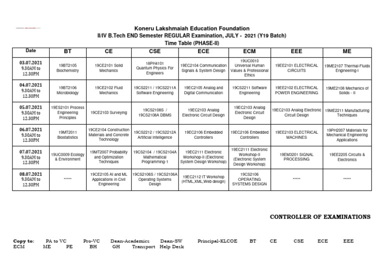 Y19 B.TECH TIMETABLE 2020 PHASE II Revised | PDF | Engineering ...