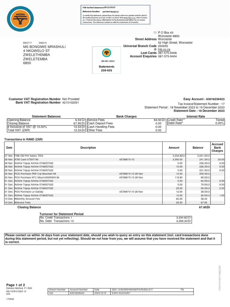 FNB Verified Statement 1 | PDF | Debit Card | Banks