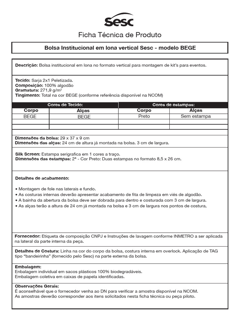 Modelo SESC Ficha Técnica Produto | PDF