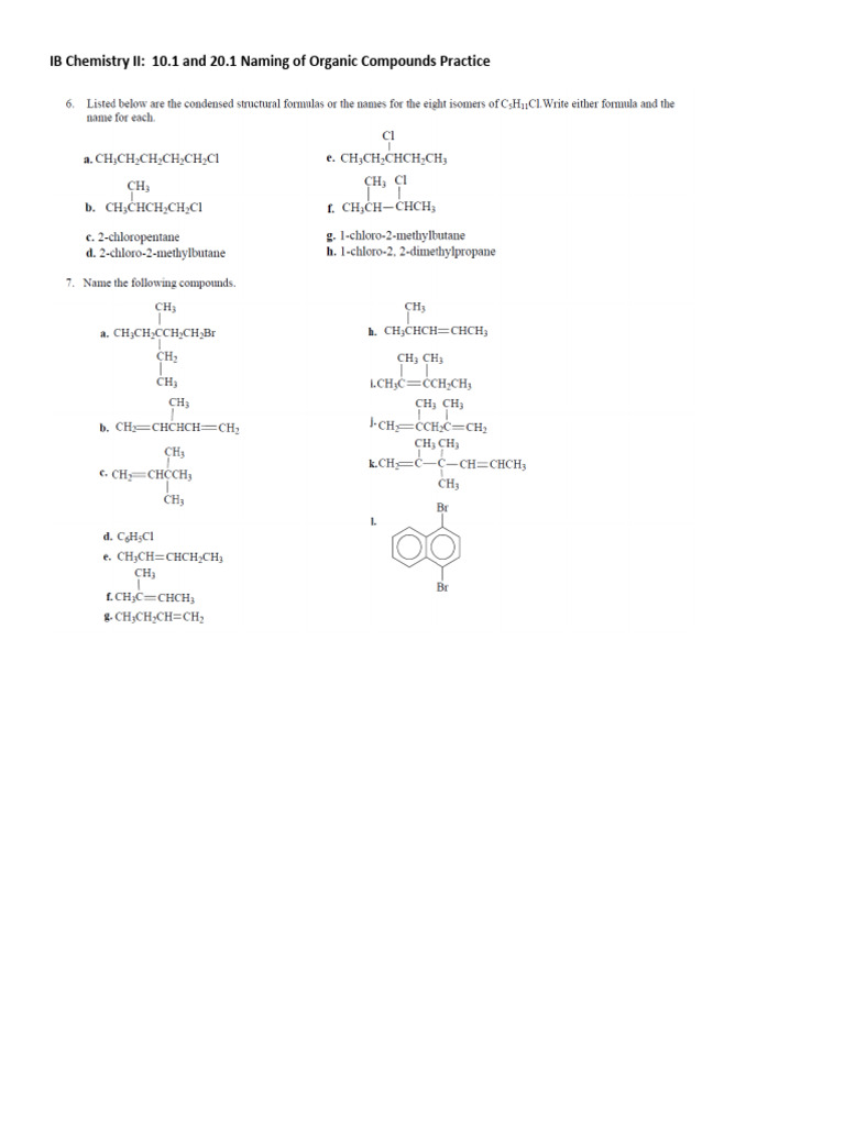 IB Chemistry II Naming of Organic Compounds Practice Complete Organic ...
