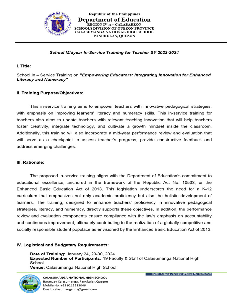 Midyear INSET Training for Teachers 2024 | PDF | Teachers | Literacy