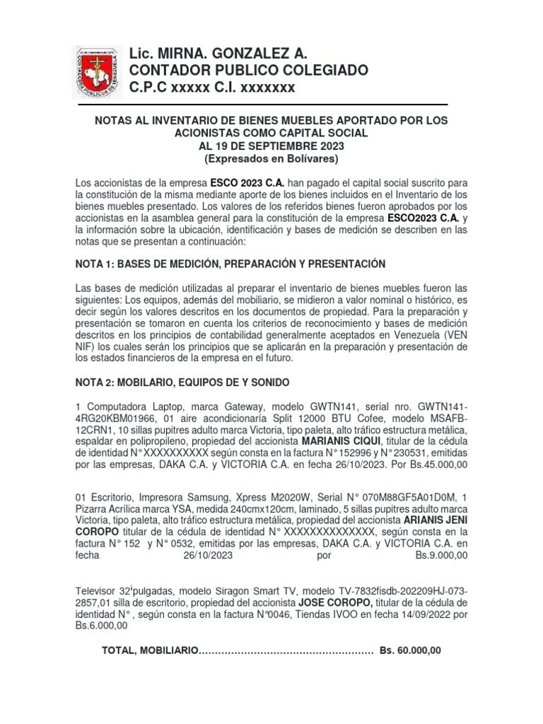 Nota de Inventario Bienes Mueble Esco2023 | Descargar gratis PDF ...