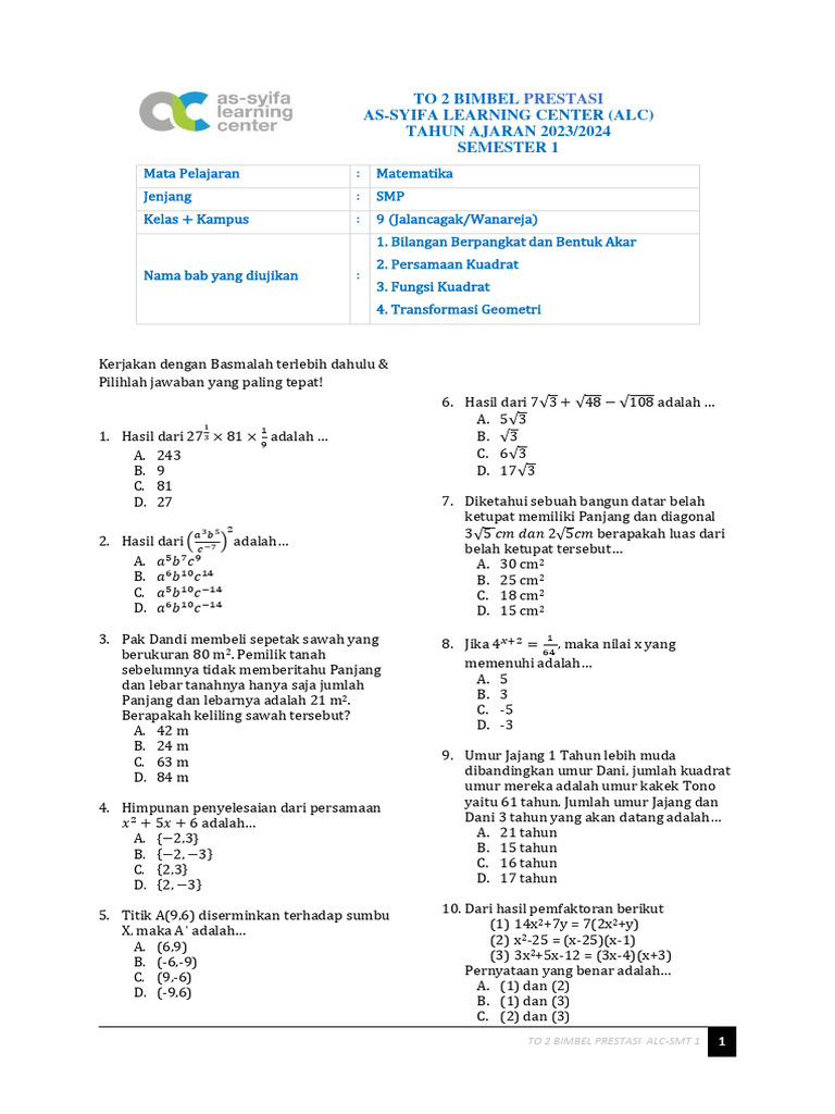 To 2 Kelas 9 MTK | PDF