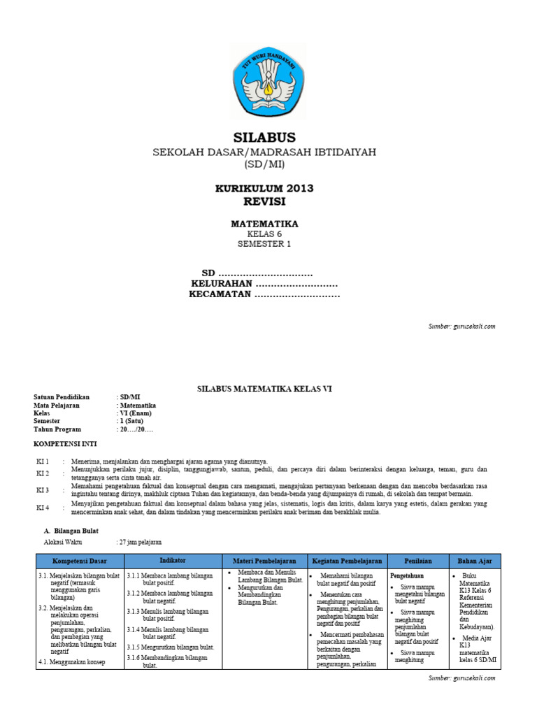 Silabus Matematika Kelas 6 Sem 1 | PDF