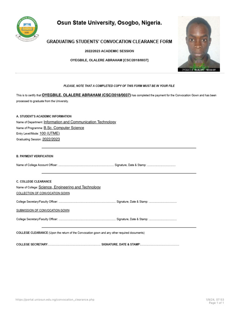 Fresher's Matriculation Clearance Form | PDF