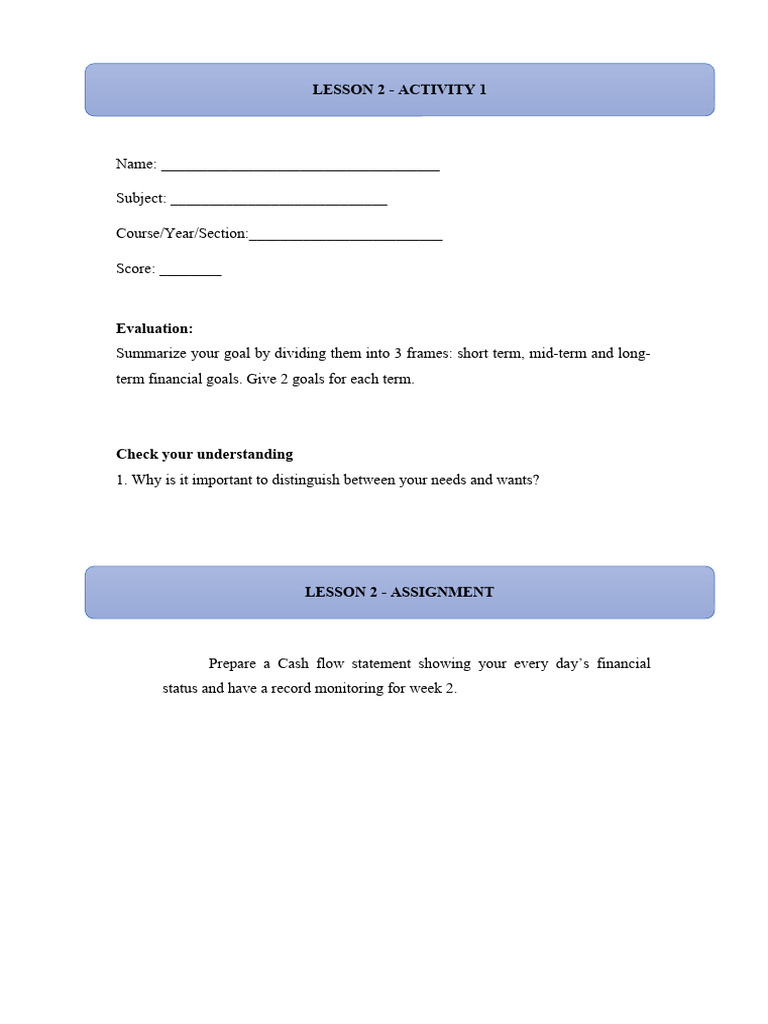 Personal Finance Lesson 1 Activity | PDF