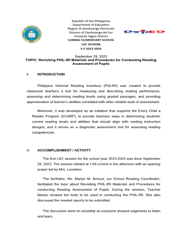 LES NARRATIVE REPORT On LAC SESSIONS 2023-2024 | PDF