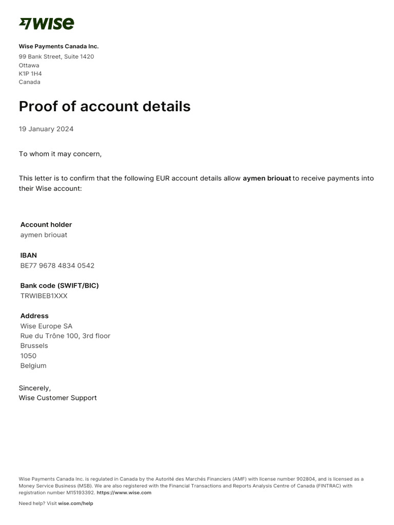 Wise Proof of Account Ownership 50468572 | PDF