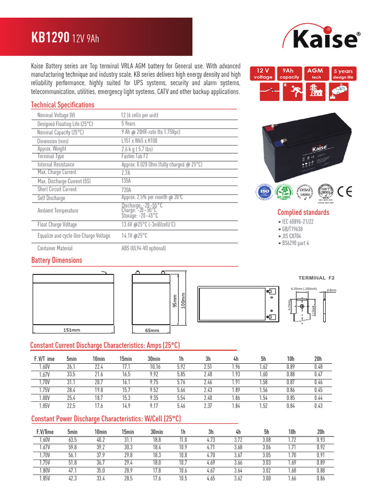KB1290 12V 9Ah Battery Specifications | PDF
